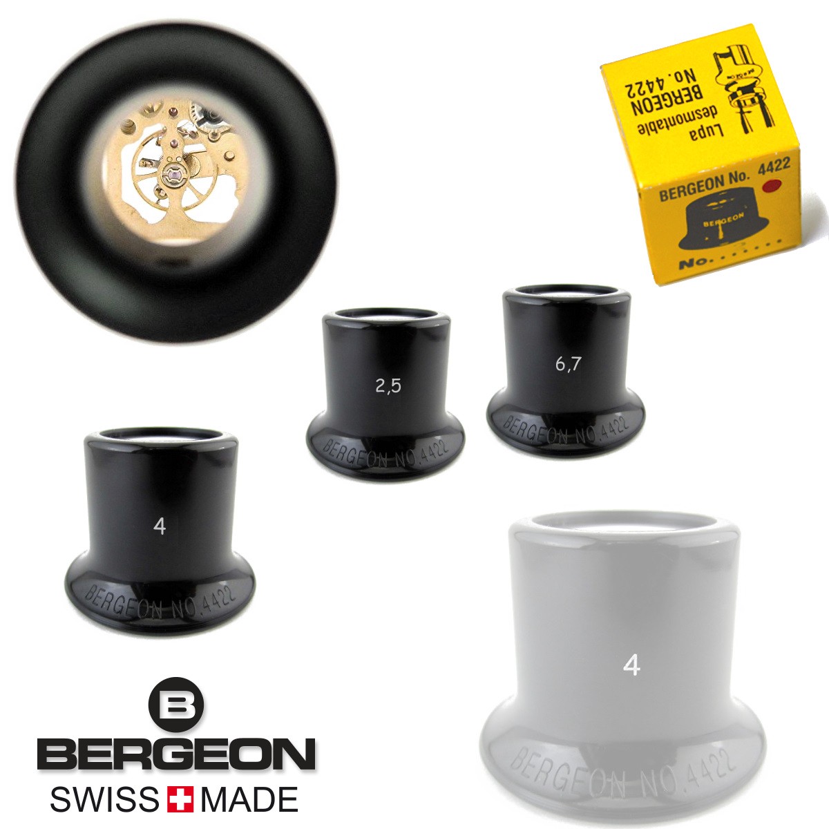 3 Bergeon 4422 Uhrmacherlupen 2,5 bis 6,7fach schweizer Augenlupen im Set